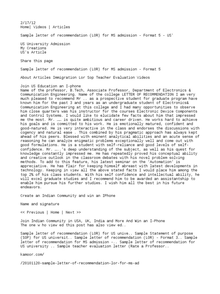 Sample Letter of Recommendation LOR For MS Admission Format 5 | PDF ...