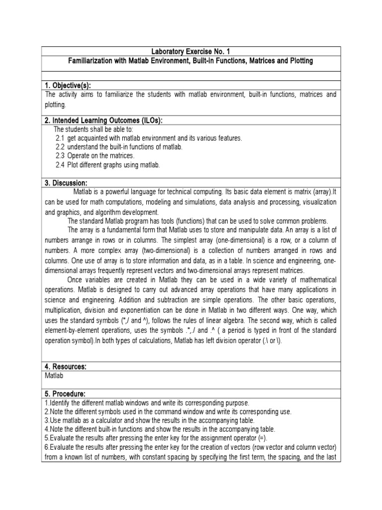 Matlab Lab Familiarization | PDF | Matlab | Matrix (Mathematics)