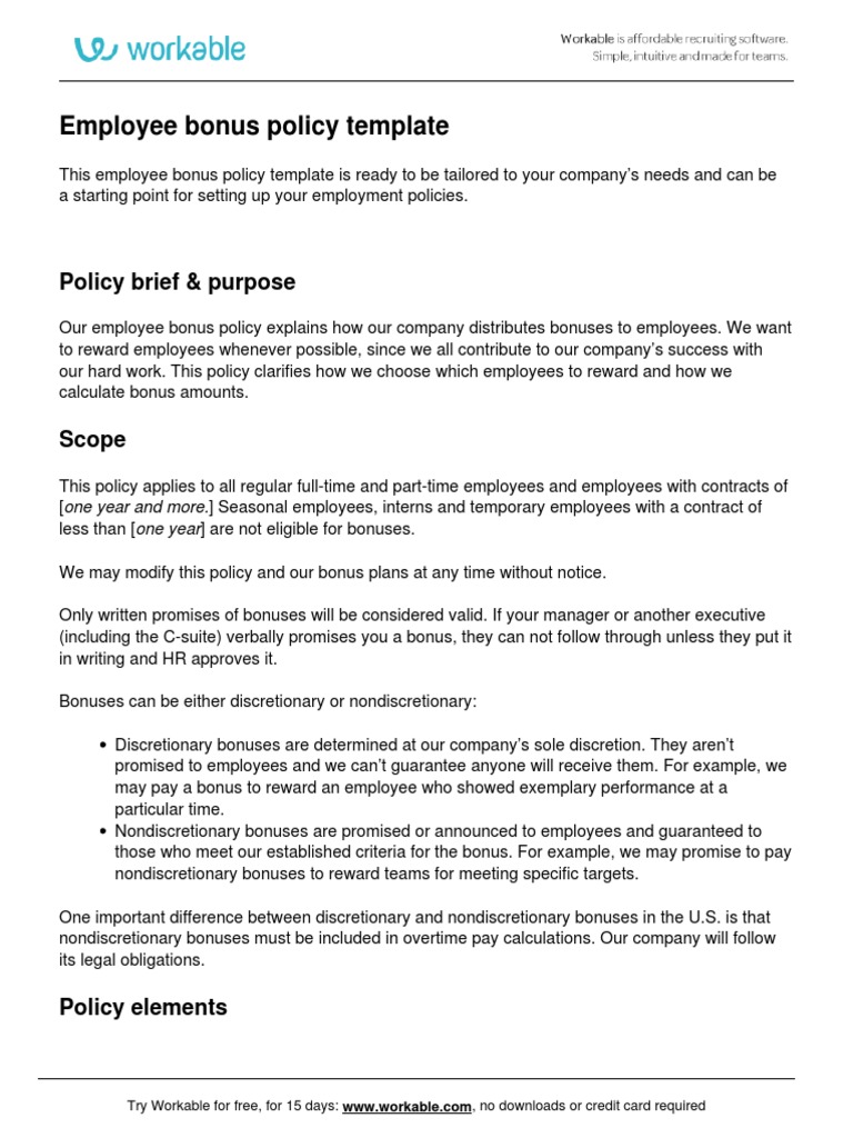 Employee Bonus Policy Template | PDF | Incentive | Employment