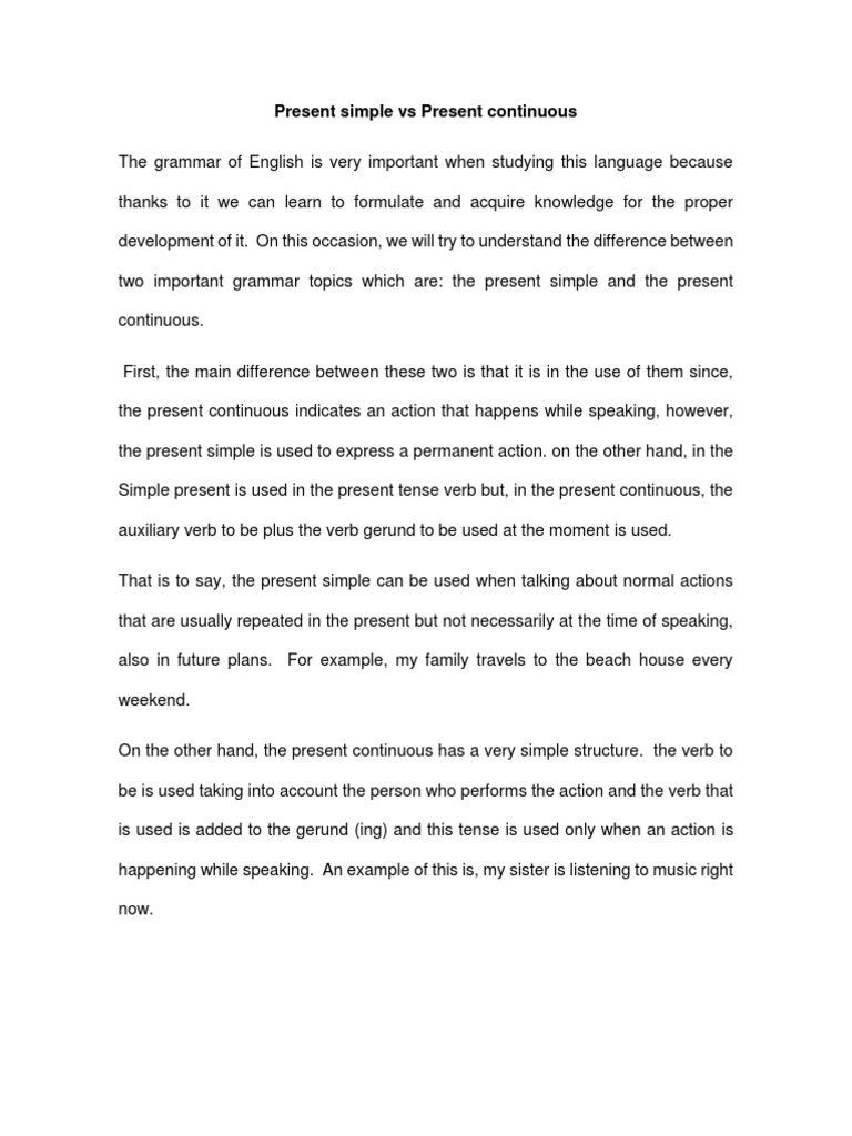 Present Simple Vs Present Continuous ESSAY | PDF