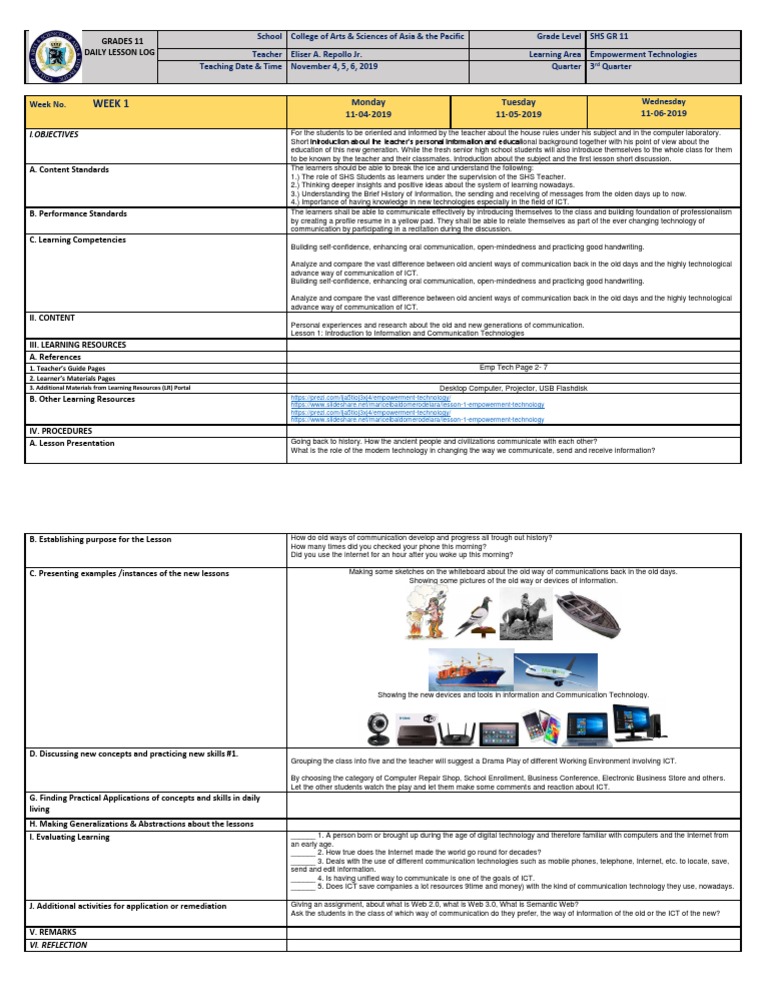 Week 1 Lesson Plan EMP TECH | Download Free PDF | Educational ...