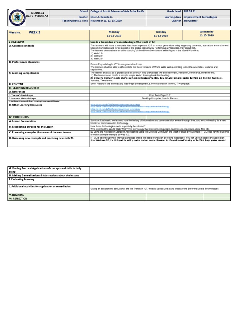 Week 2 Lesson Plan EMP TECH | PDF | Internet | Educational Technology