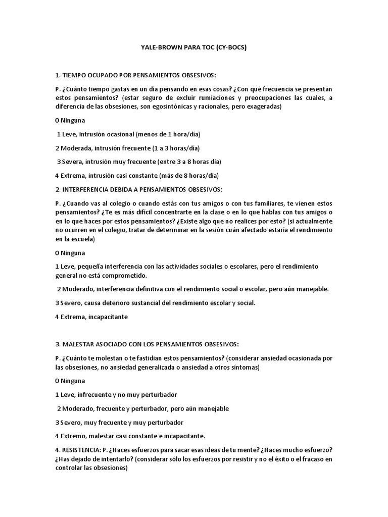 Yale - Brown Toc Niños | PDF | Desorden obsesivo compulsivo | Trastorno ...