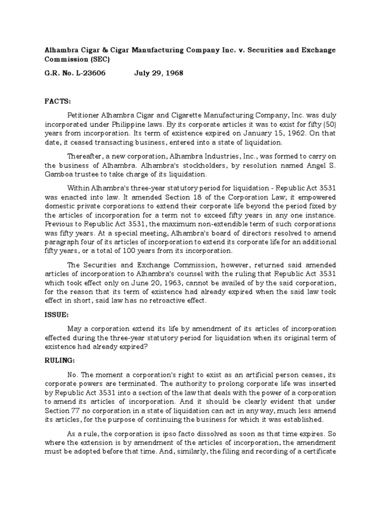 Alhambra Cigar & Cigar Manufacturing Company Inc. v. Securities and ...