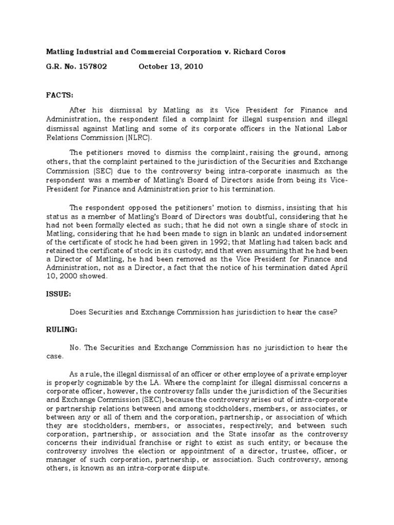 Matling Industrial and Commercial Corporation v. Richard Coros | PDF ...