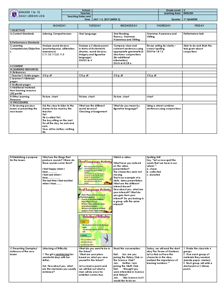 Daily English Lesson Plan for Grades 5-12 | PDF | Rhyme | Poetry