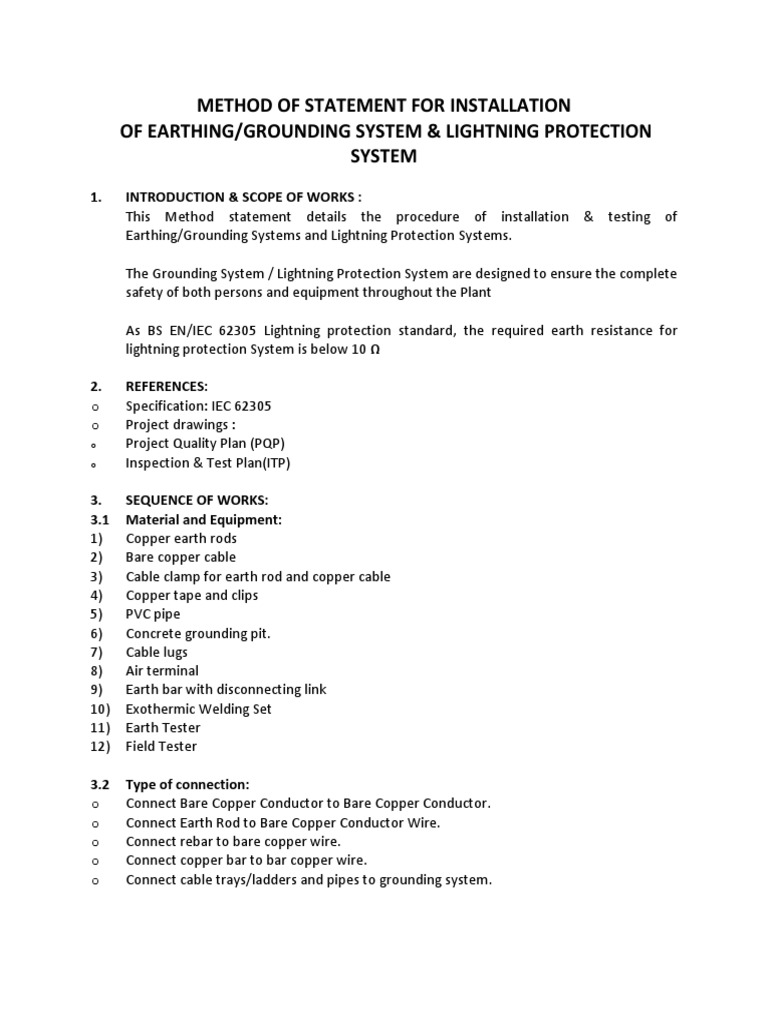 Method of Statement Grounding System & Lightning Protection | PDF ...