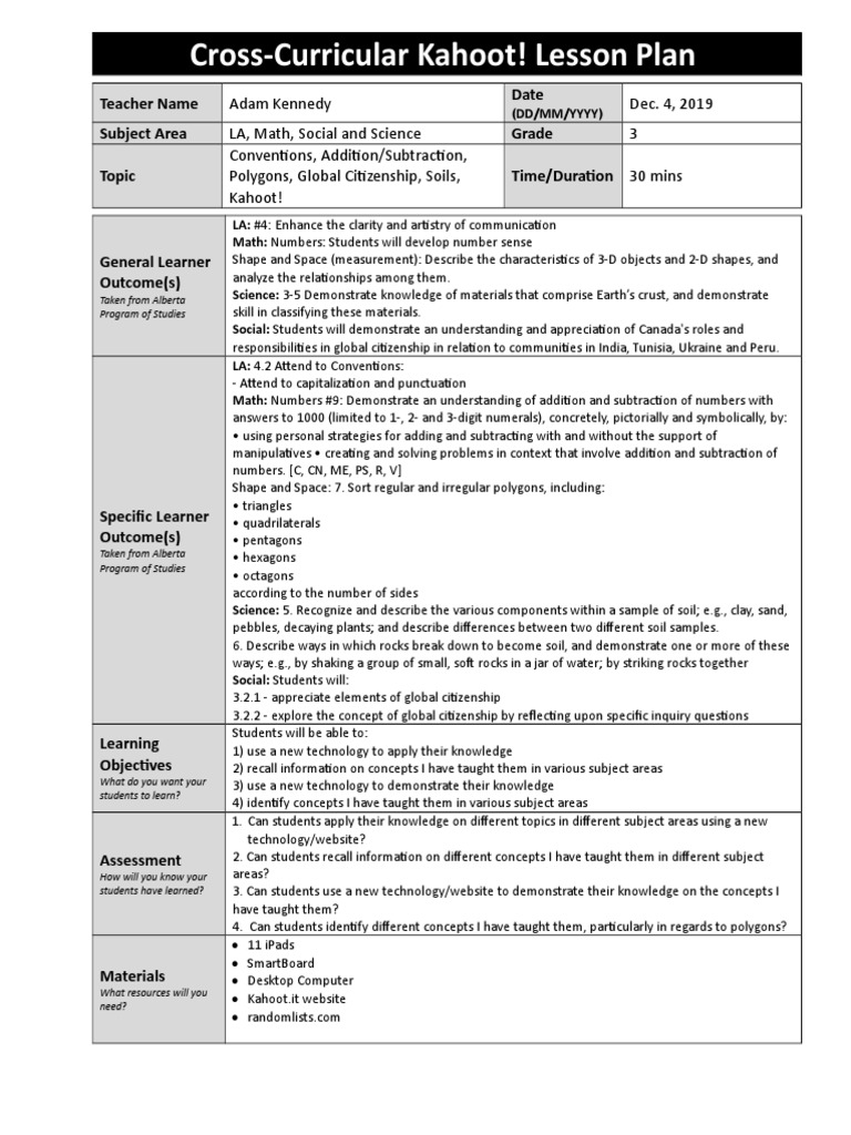Kahoot Lesson Plan | PDF | Shape | Concept