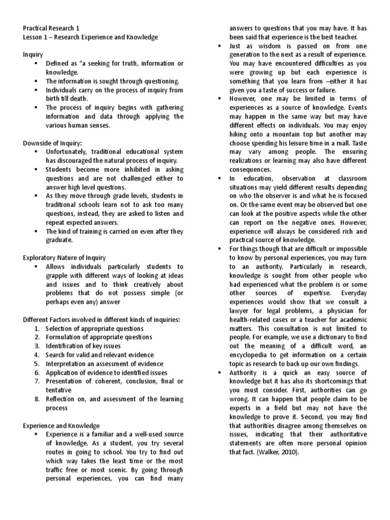 Lesson 1 - Research Experience and Knowledge | PDF | Inquiry ...