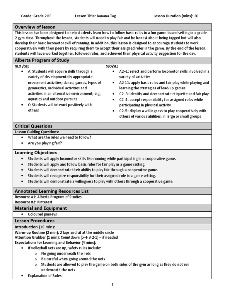 Banana Tag Lesson Plan | PDF | Psychology | Learning