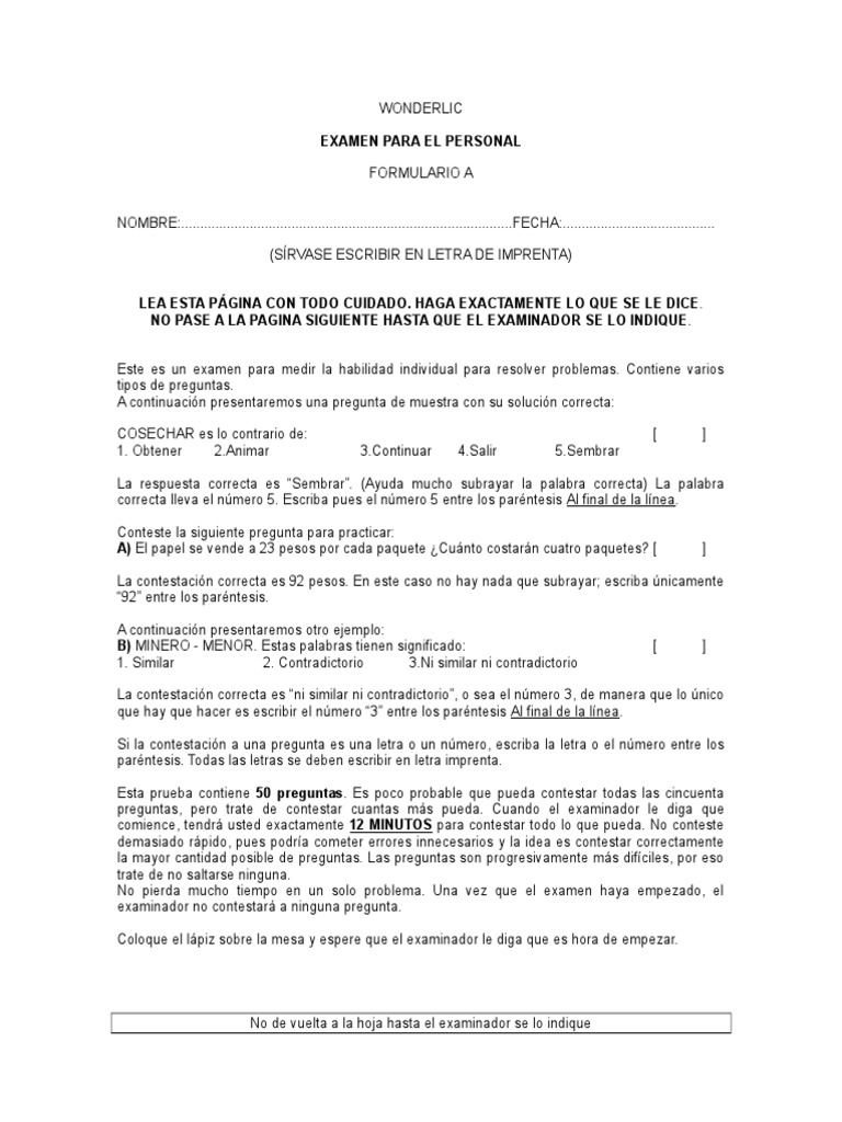 Test WONDERLIC Formato B | PDF