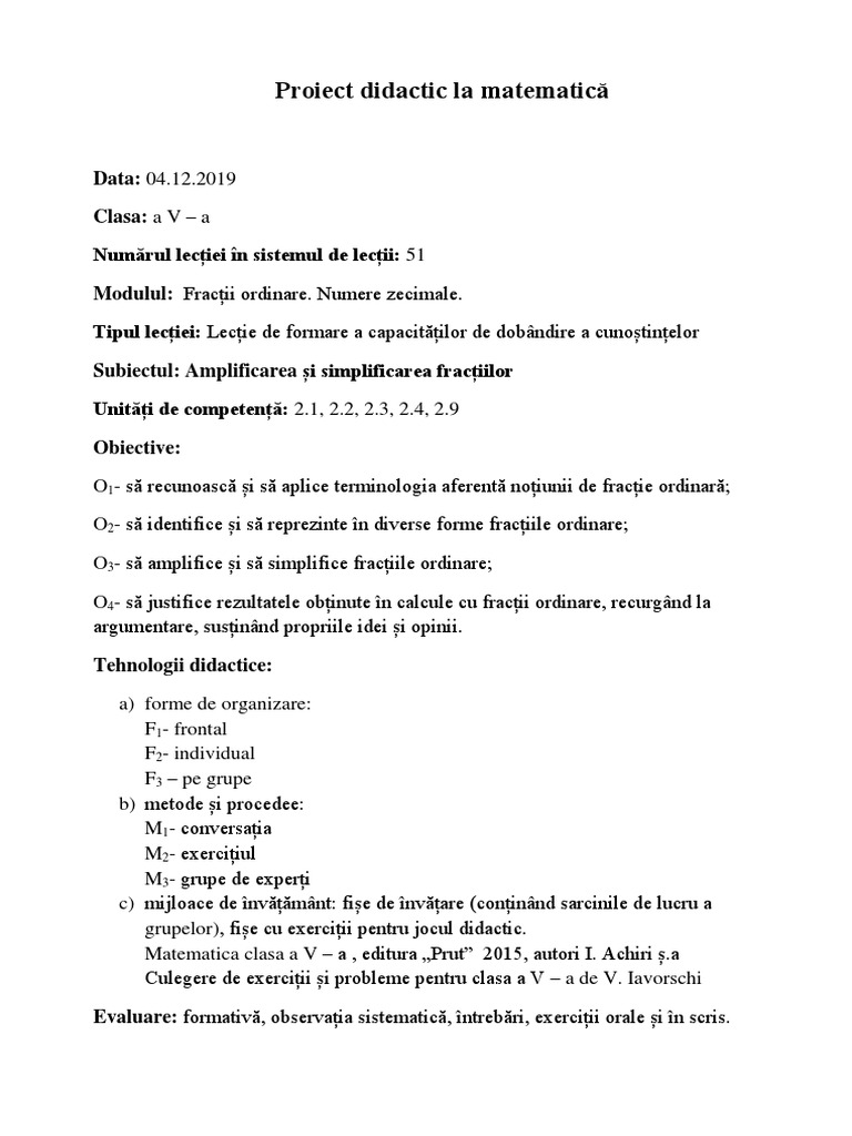 Proiect Didactic La Matematică5 | PDF