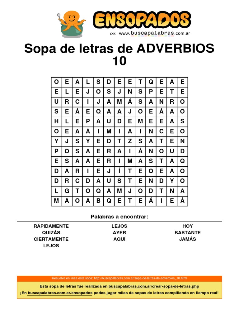 Sopa de letras: 10 adverbios | PDF