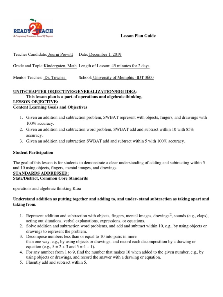 Edtpa Lesson Plan 2 - Journi Prewitt | PDF | Lesson Plan | Subtraction