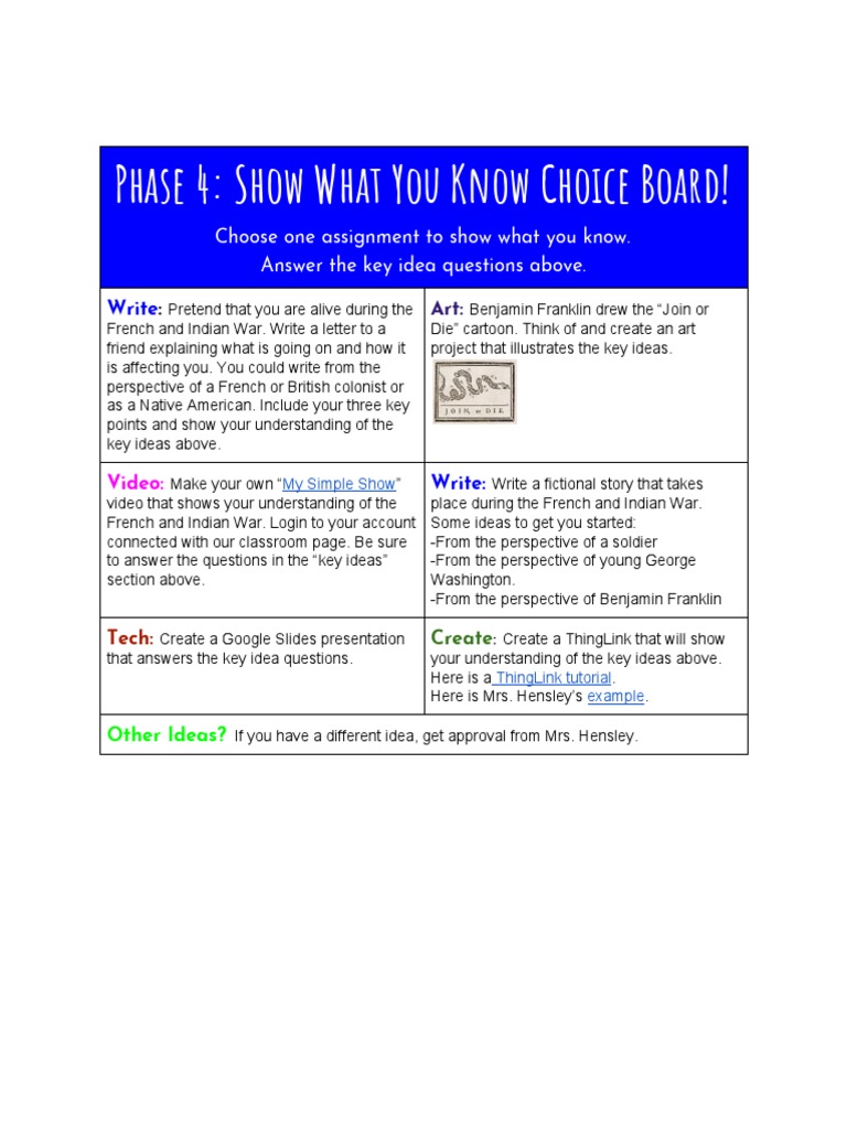 Show What You Know Choice Board French and Indian War | PDF