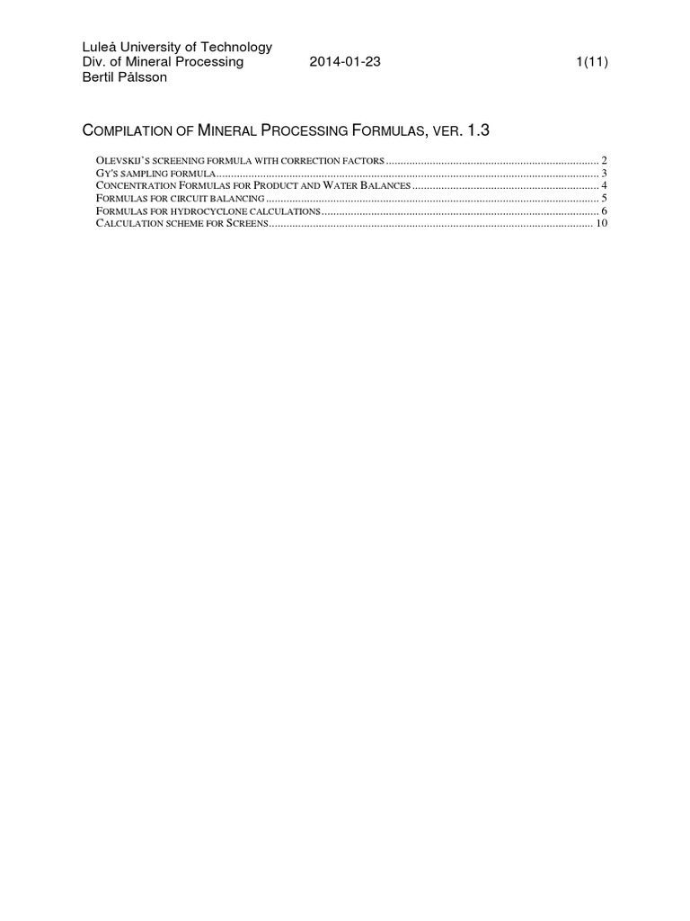 Compilation of Mineral Processing Formulas PDF | PDF | Density ...