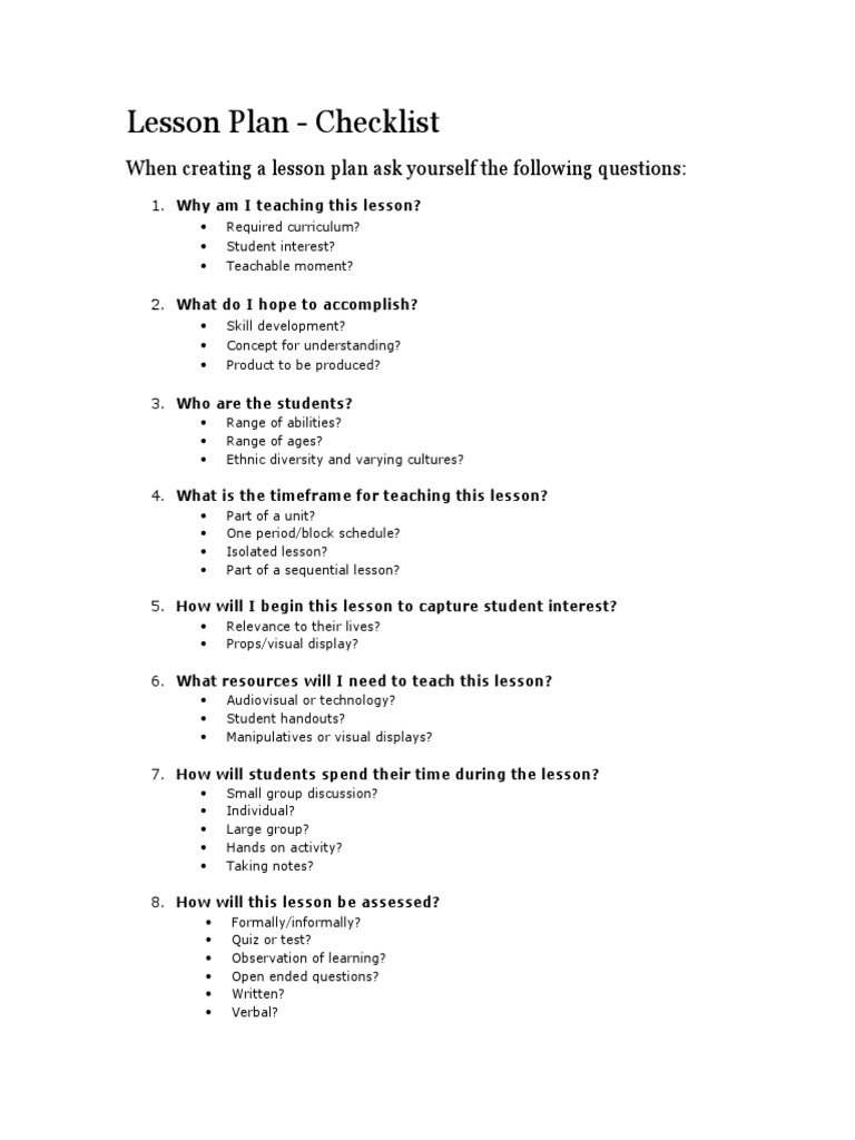 Lesson Plan Checklist | PDF | Lesson Plan | Learning