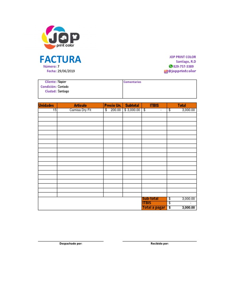 Factura de Camisas Dry Fit Santiago | PDF
