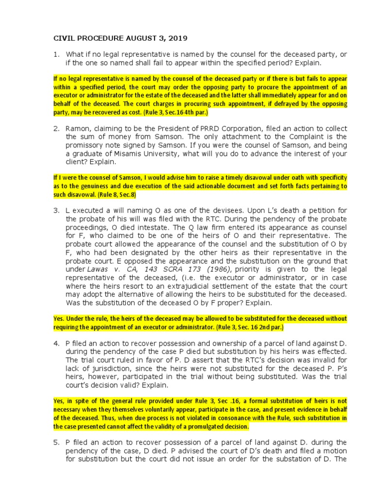 CIVIL PROCEDURE Answer BATCH 2 | PDF | Pleading | Lawsuit