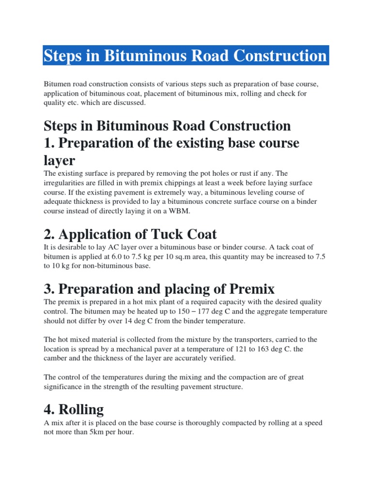 Steps in Bituminous Road Construction | PDF | Asphalt | Road Surface