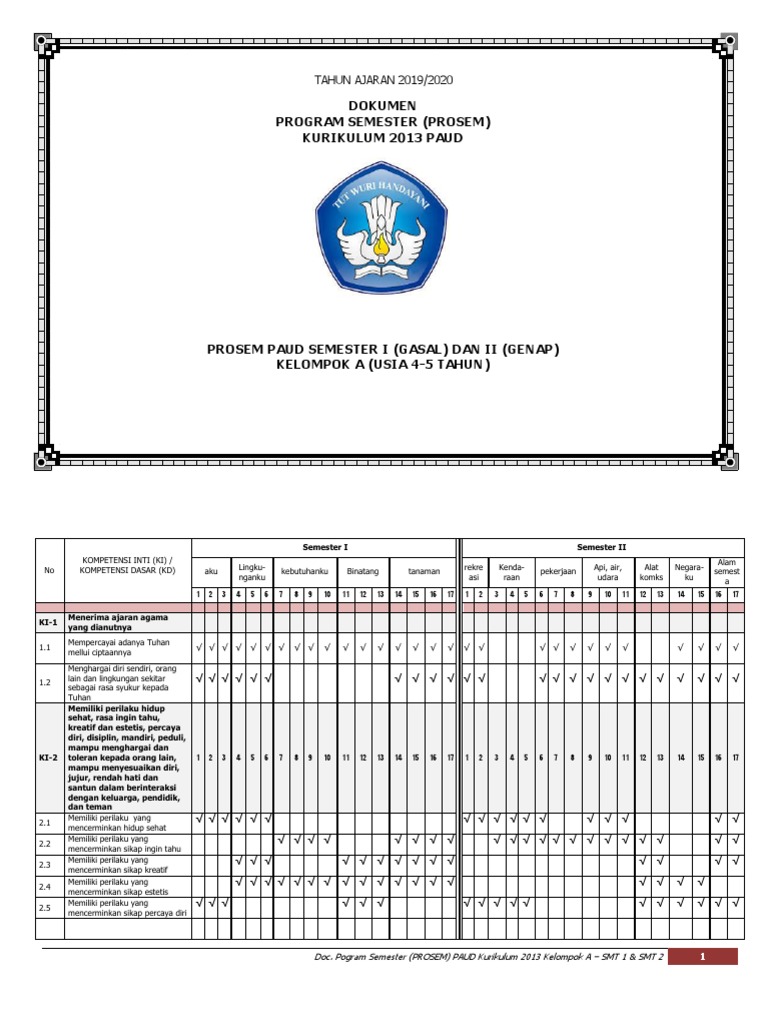 Prosem Paud Kurikulum 2013 TK A - SMT 1,2 | PDF