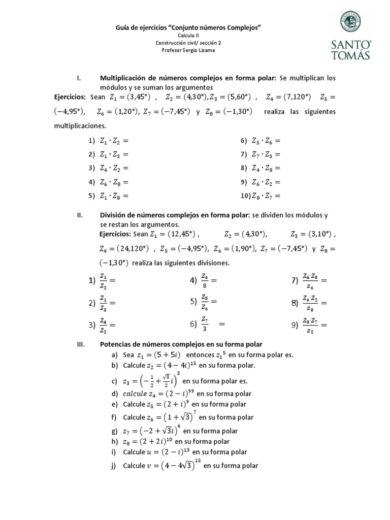 Guía De Números Imaginarios Ecuaciones Con NÚMEROS COMPLEJOS:
