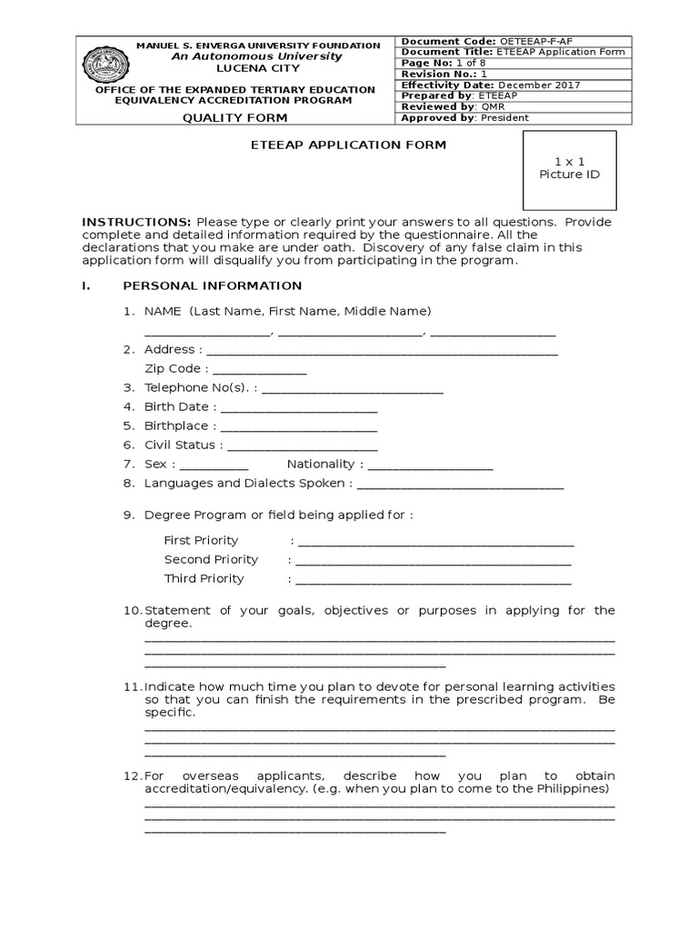 ETEEAP Application Form | PDF | Academic Degree | Educational Assessment
