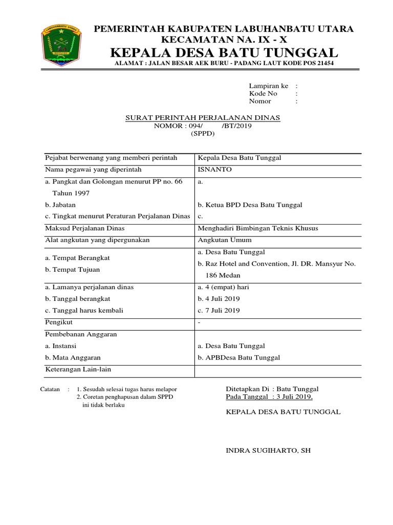 SPPD TGL 4-7 Juli 2019 (Bimtek Ketua BPD) | PDF