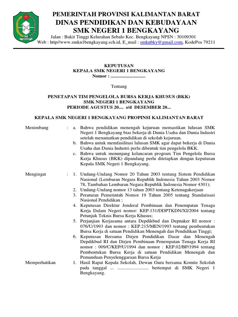 Contoh - SK BKK - SMK Negeri 1 Bengkayang 2017 | PDF