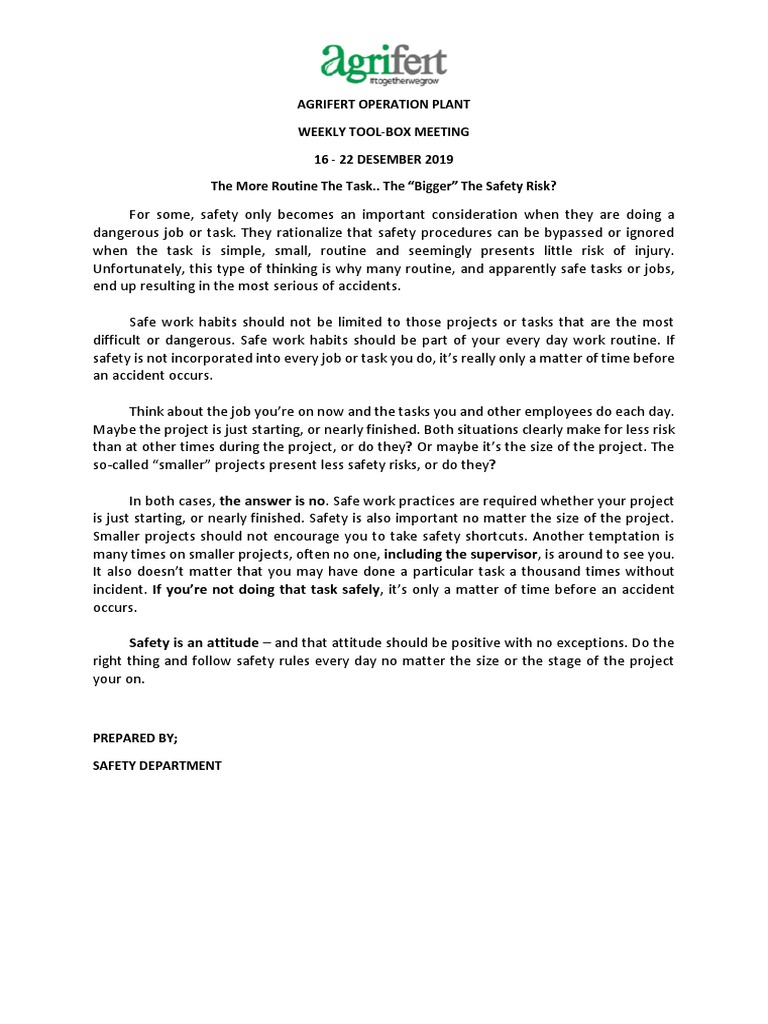 Safety in Routine Tasks | PDF | Risk | Prevention