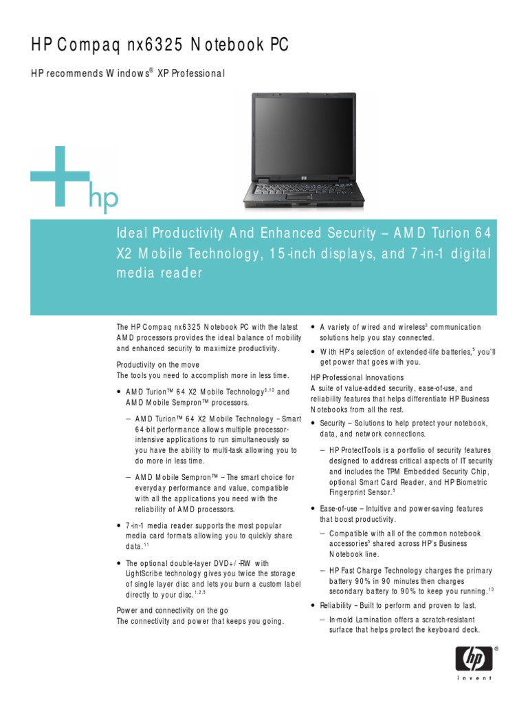 HP nx6325 DataSheet PDF | PDF | Advanced Micro Devices | Laptop