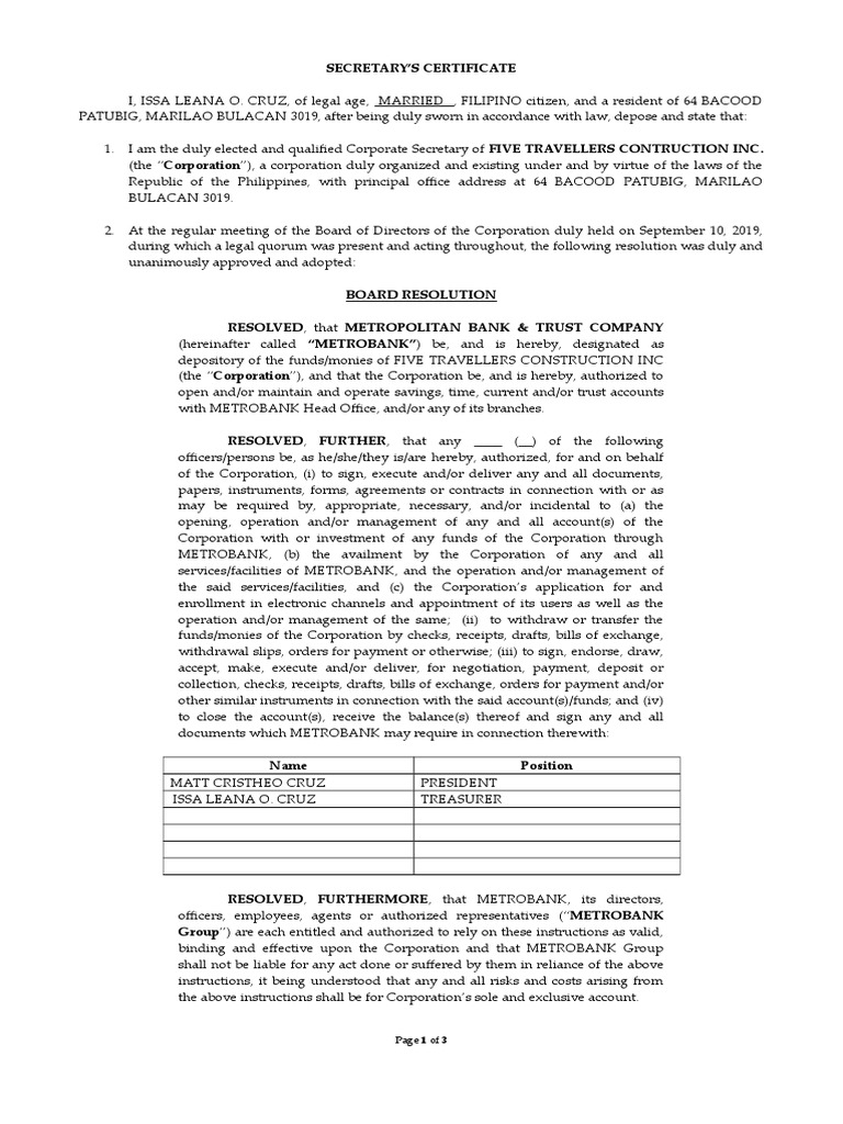 Secretary's Certificate To Open and Close An Account FIVE TRAVELLERS ...