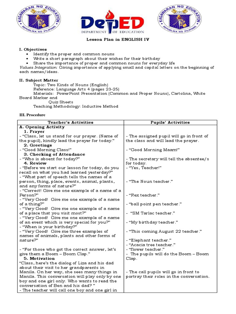 A Detailed Lesson Plan in English 4 | PDF | Noun | Lesson Plan