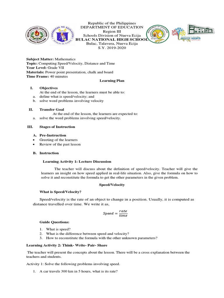 Lesson Plan For Speed | PDF | Speed | Lesson Plan