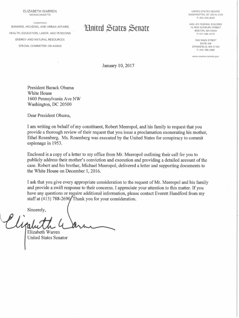 Sen. Elizabeth Warren's Letter To POTUS Obama Re Ethel Rosenberg | PDF