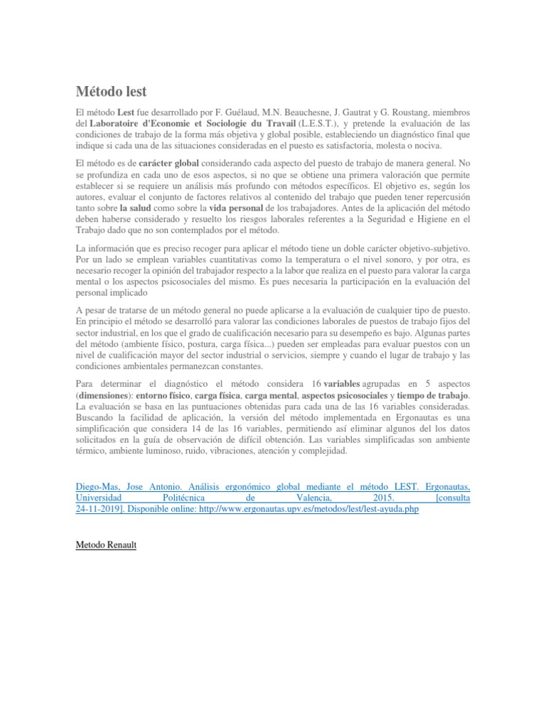 Método Lest | PDF | Factores humanos y ergonomía | Evaluación