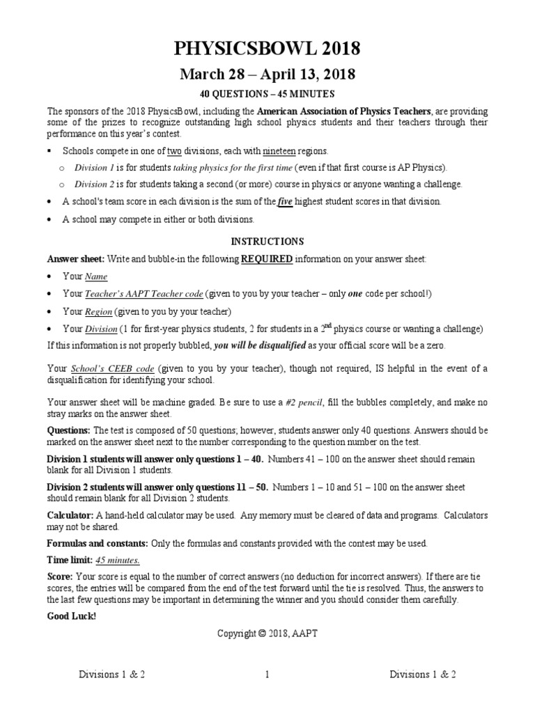 Physics Bowl Exam | PDF | Velocity | Torque