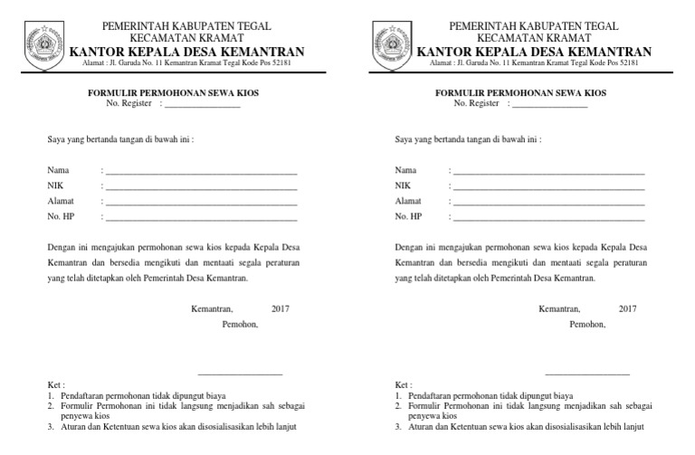 Form Pendaftaran Sewa Kios Baru | PDF | Pengelolaan Keuangan & Uang | Hukum
