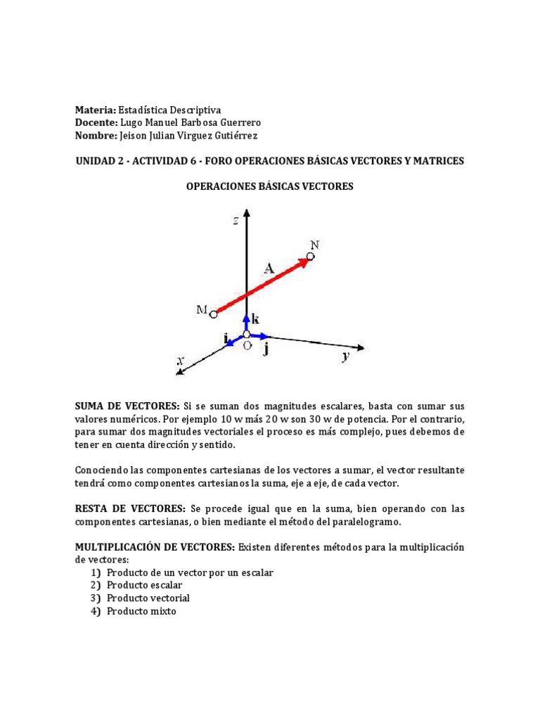Unidad 2 - Actividad 6 - Foro Operaciones Básicas Vectores y Matrices | Matriz (Matemáticas ...