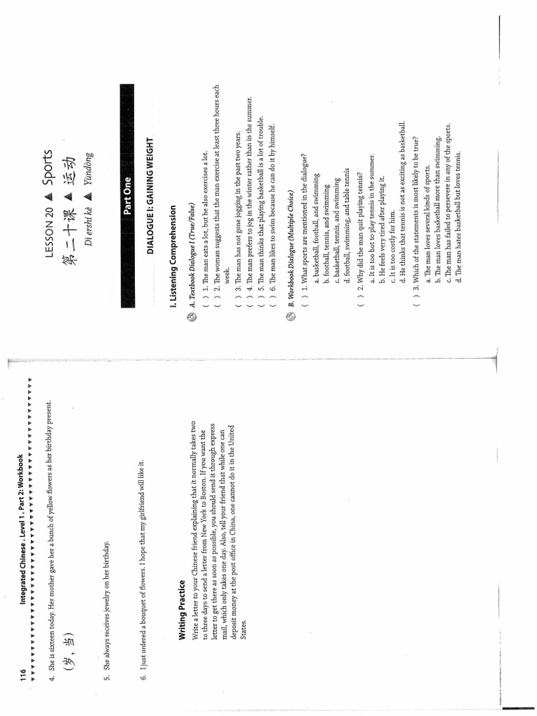 Integrated Chinese Level 1 Part 2 Workbook Lesson 20 23 | PDF