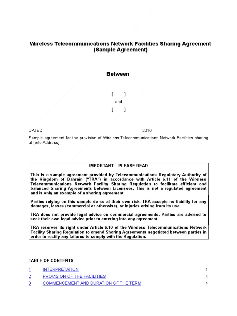 Wireless Telecommunications Network Facilities Sharing Agreement ...