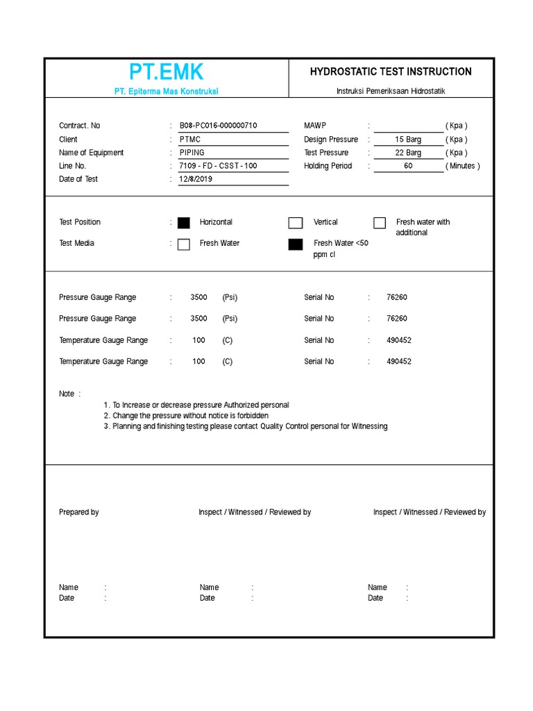 Hydro Test 7109 | PDF | Pressure Measurement | Pressure