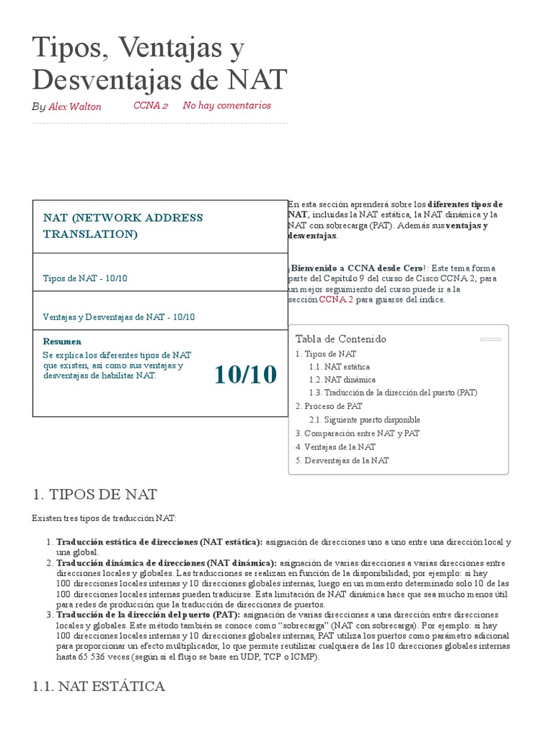 Tipos, Ventajas y Desventajas de NAT - CCNA Desde Cero PDF | PDF | Dirección IP | Protocolos de ...