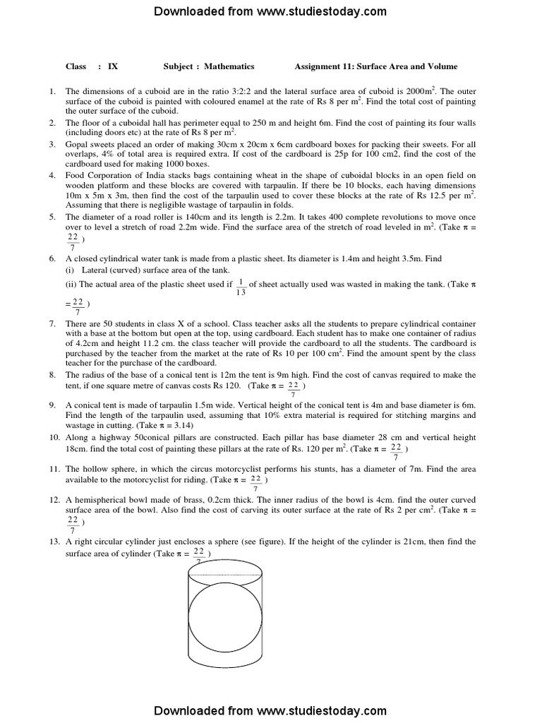 CBSE Class 9 Mathematics Worksheet PDF | PDF | Sphere | Volume