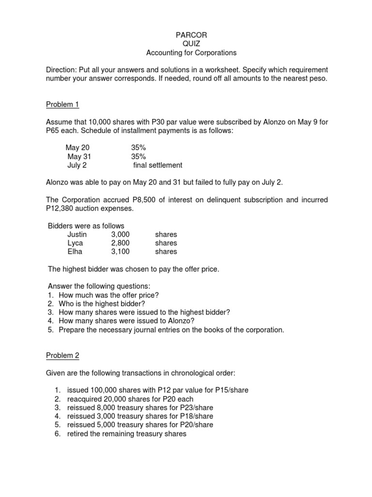 PARCOR Quiz Chapter 6 | PDF | Treasury Stock | Capital Surplus
