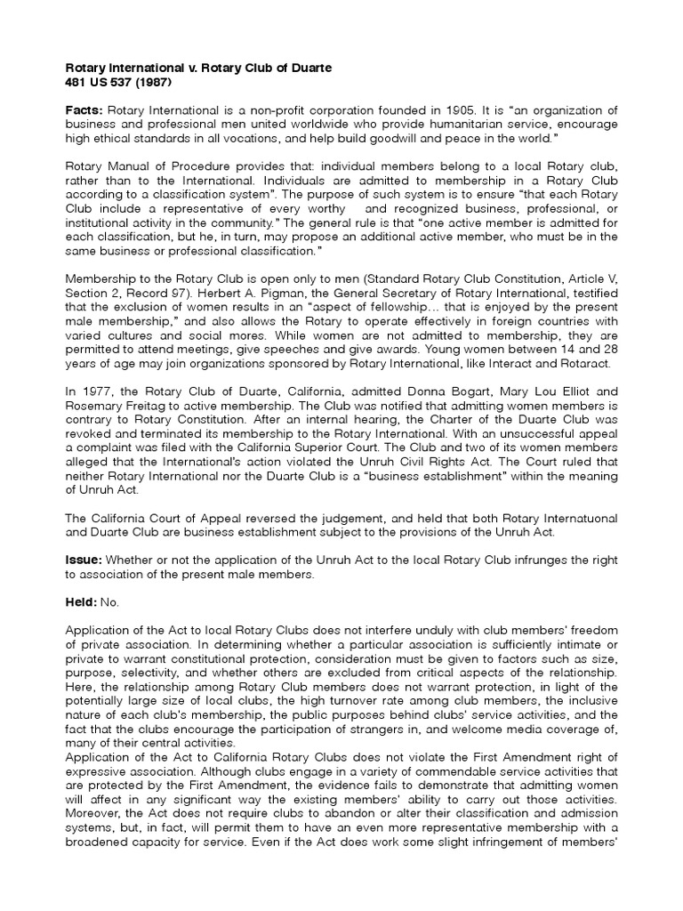 Rotary International v. Rotary Club of Duarte | PDF | First Amendment ...
