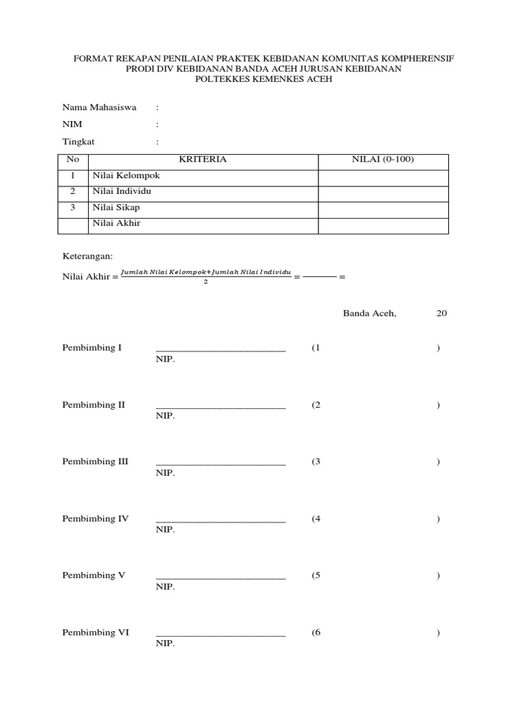 Format Rekapan Penilaian Praktek Kebidanan Komunitas Kompherensi | PDF