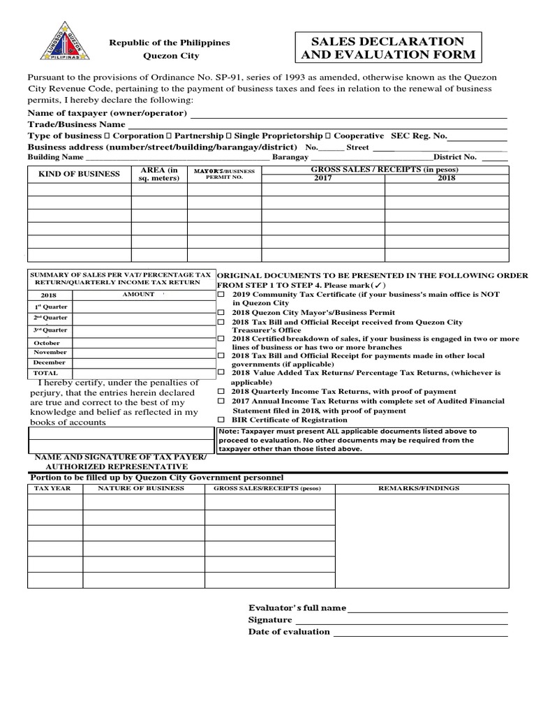 Sales Declaration and Evaluation Form | PDF | Tax Return (United States ...