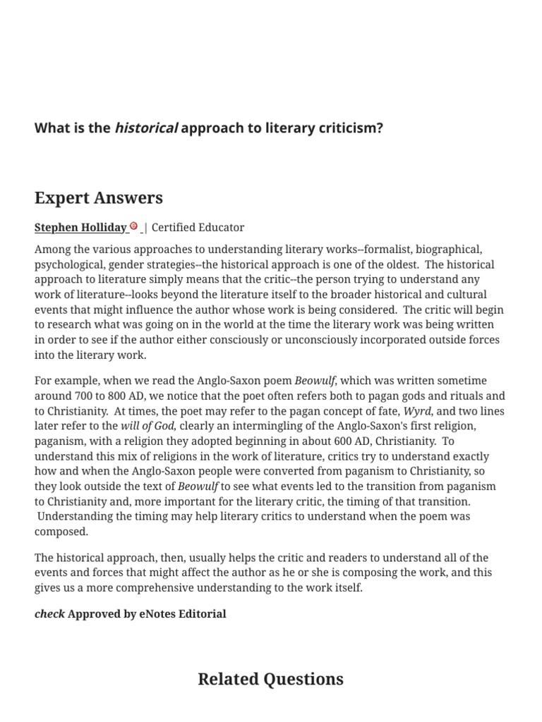 What Is The Historical Approach To Literary Criticism? - Enotes | PDF