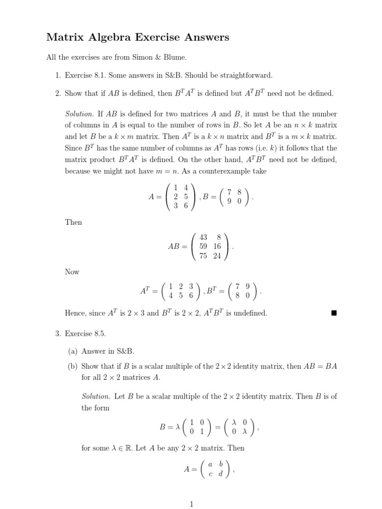 Matrix Algebra Exercise Answers | PDF | Matrix (Mathematics) | Determinant